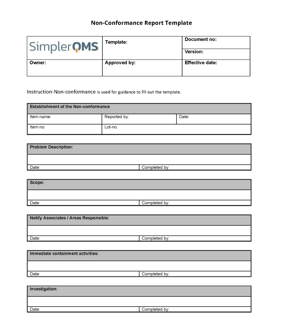 Non Conformance Report Template Free Download SimplerQMS